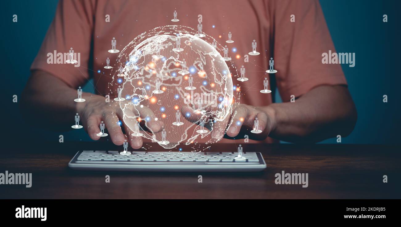 Man Using computer communication with other people on the global cyber ...