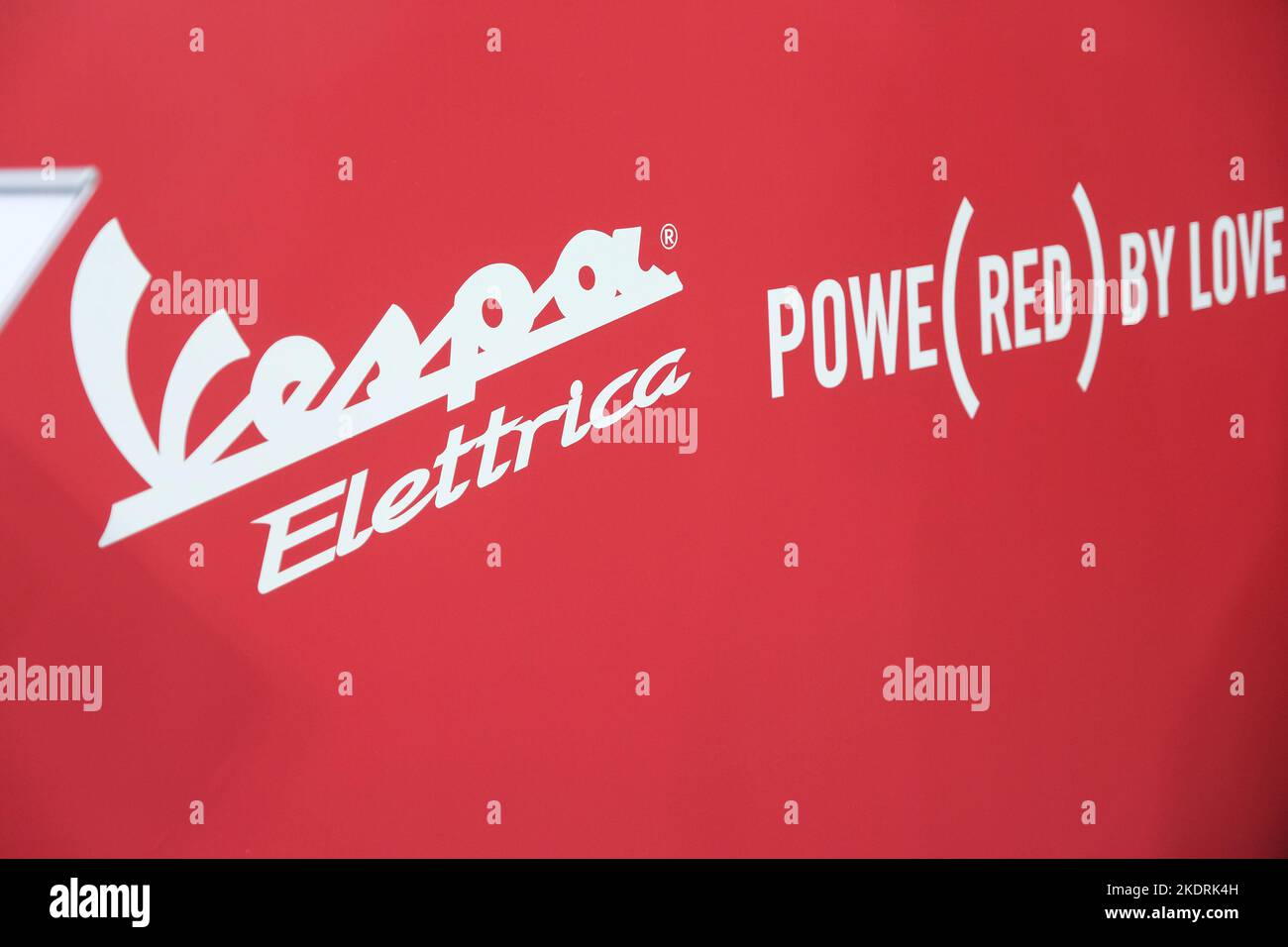 Milano, Italia. 8 Novembre 2022, Vespa electric close-up logo at 79th ...