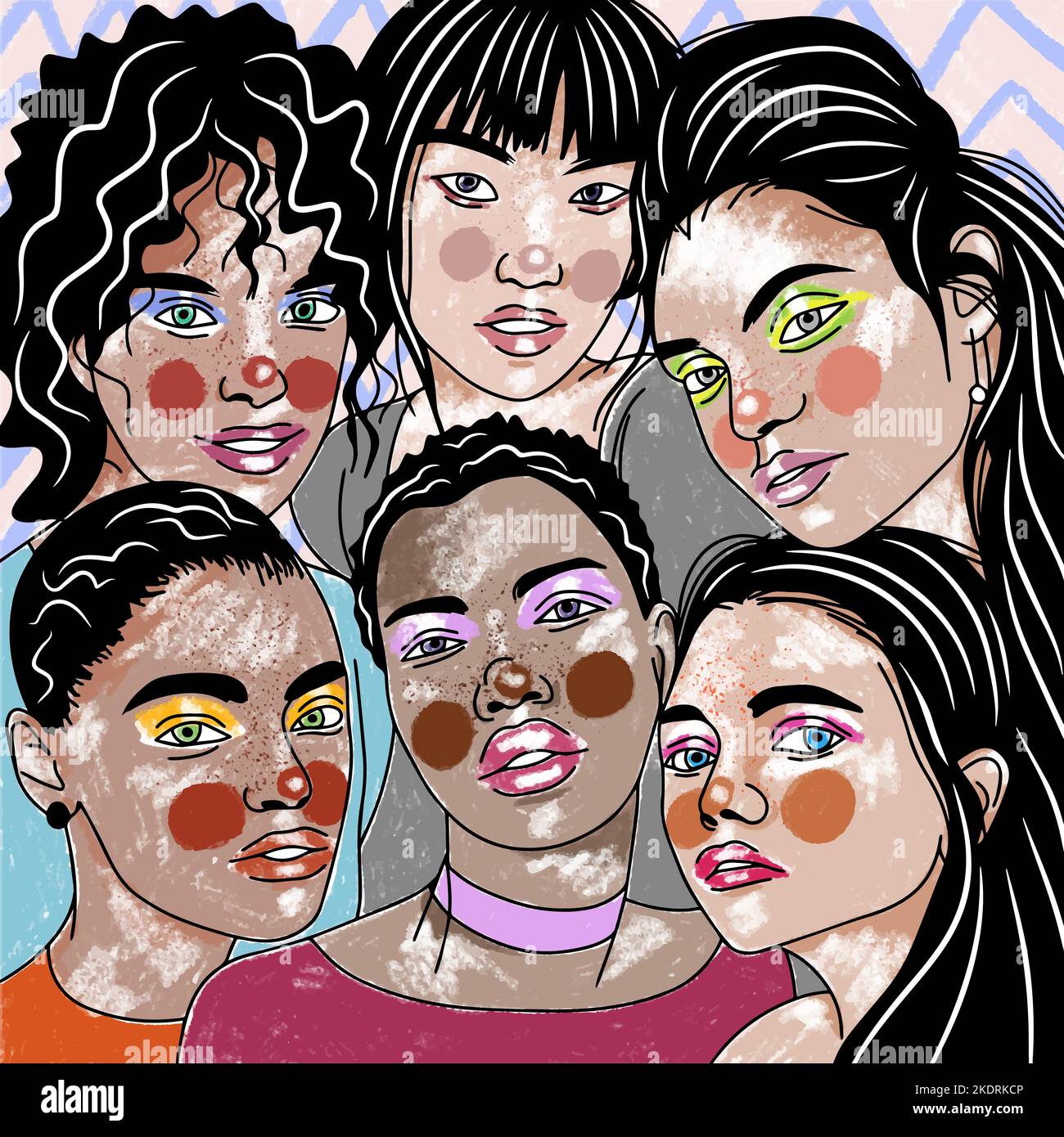 A group of girls of different nationalities close up, bright colors ...