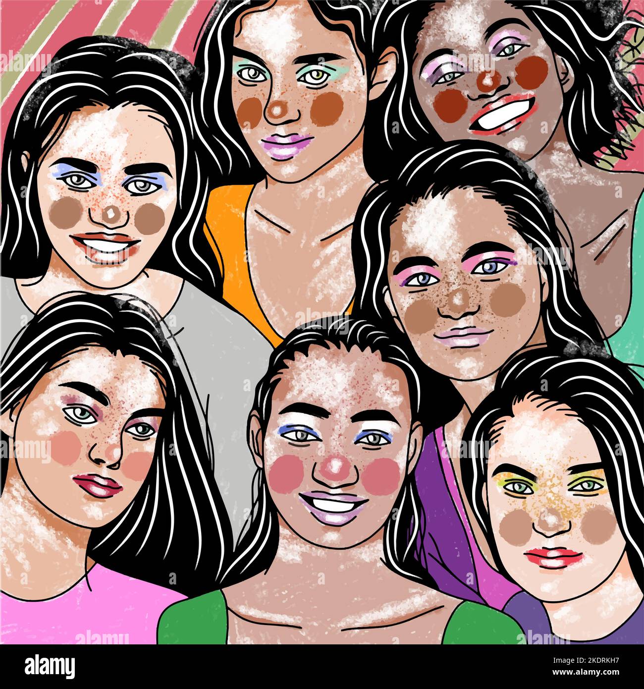 Beautiful girls closeup, different nationality, bright colors, drawing ...