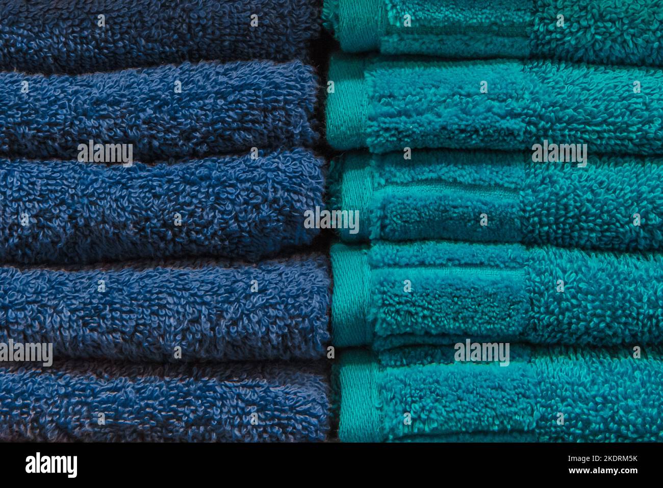 Set pile stacked blue color fabric towels object hygiene bathroom ...