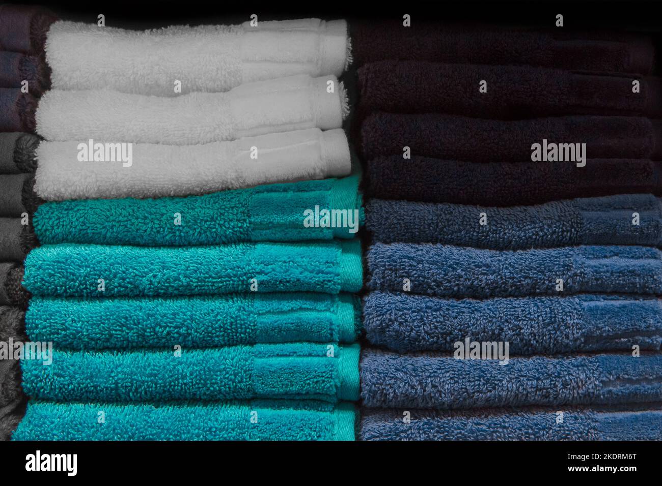 Set pile stacked blue color fabric towels object hygiene bathroom ...