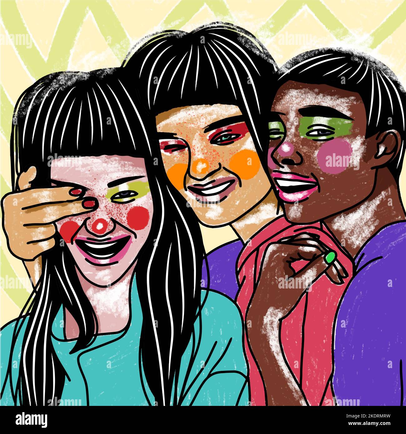 Happy girls of different nationalities on a bright background, in ...