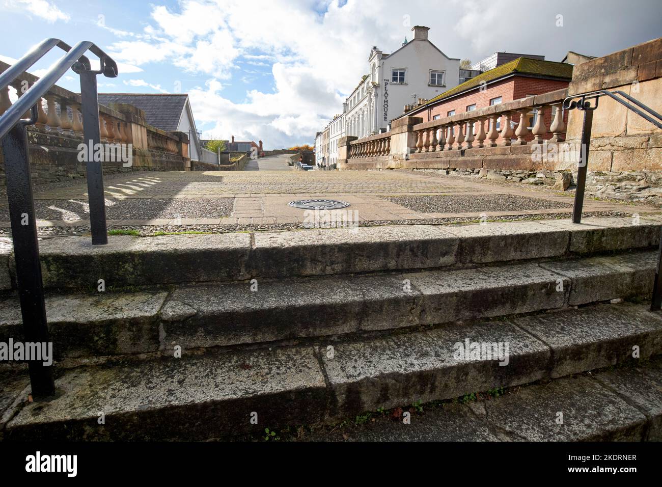 looking up along derrys walls at steps over ferryquay gate walled city ...