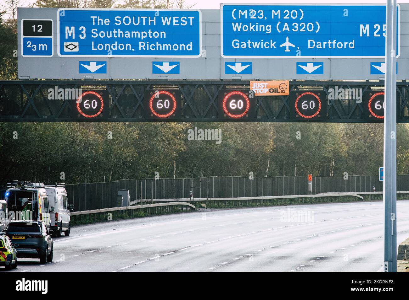 Thorpe, UK. 8th November, 2022. A Just Stop Oil banner is pictured on ...