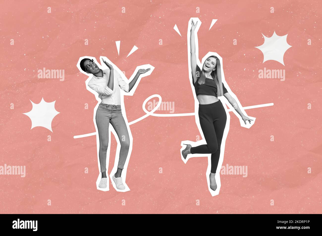 Collage photo of two dancing excited girl celebrate weekend chill hands ...