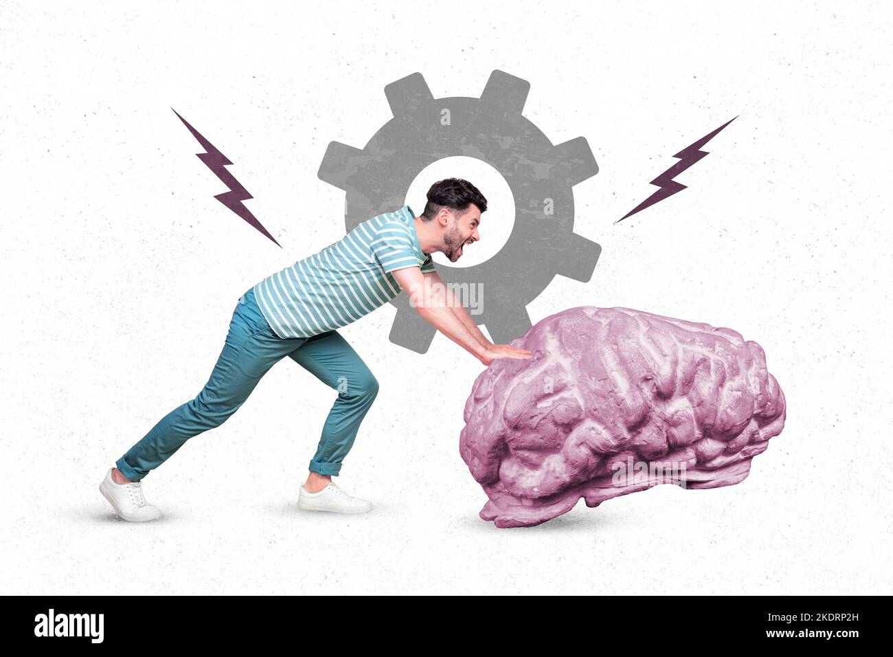 Creative photo 3d collage artwork of hardworking strong boy push hard ...