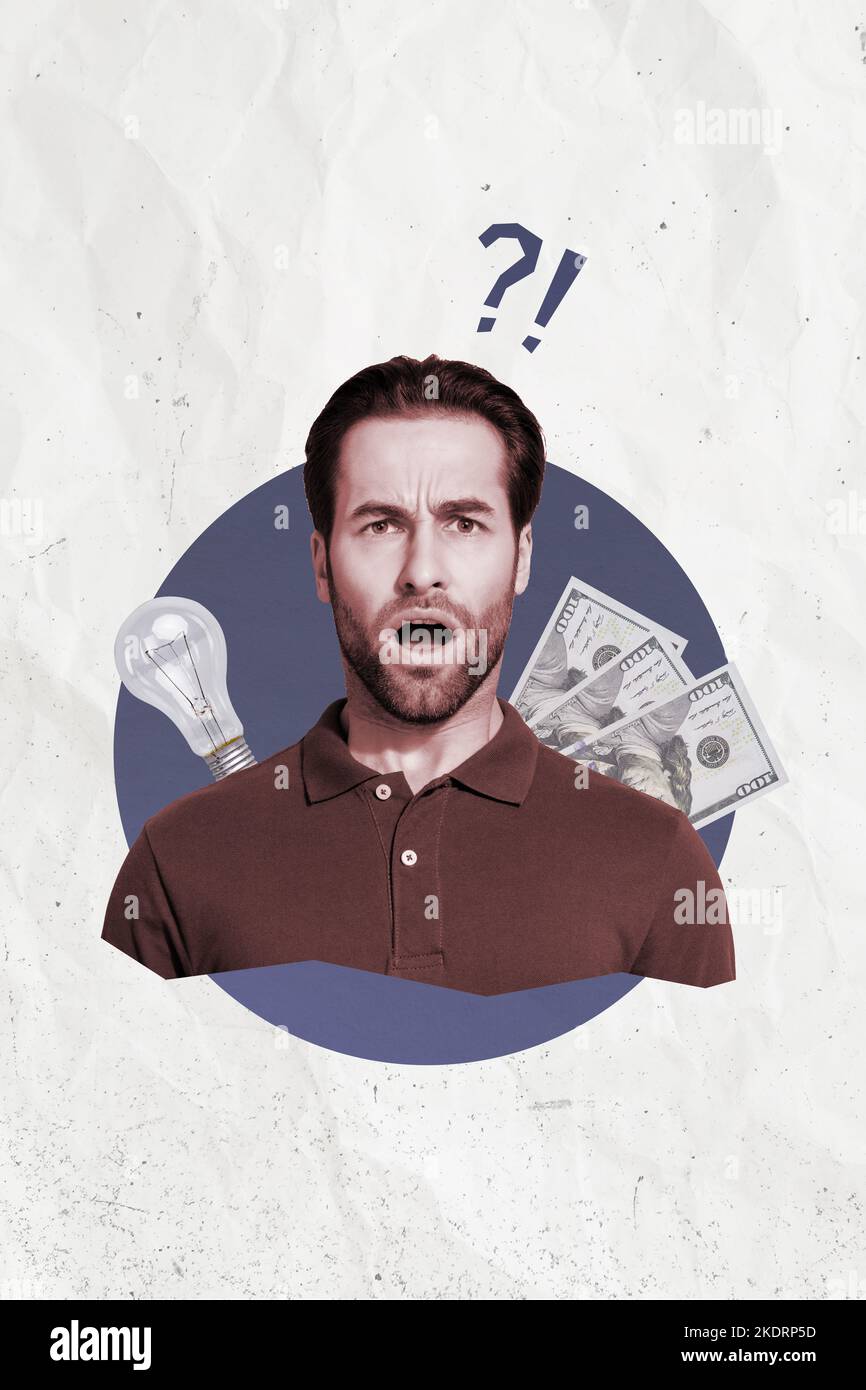 Collage photo of young investor man student dont know how spend his ...