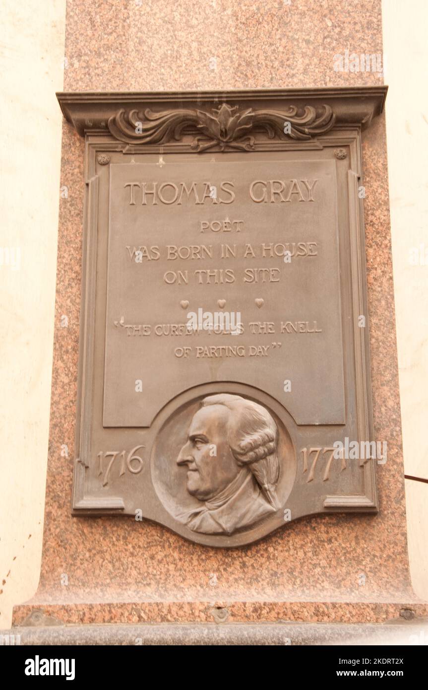 Plaque dedicated to Thomas Gray (poet) who lived on this site, The City ...
