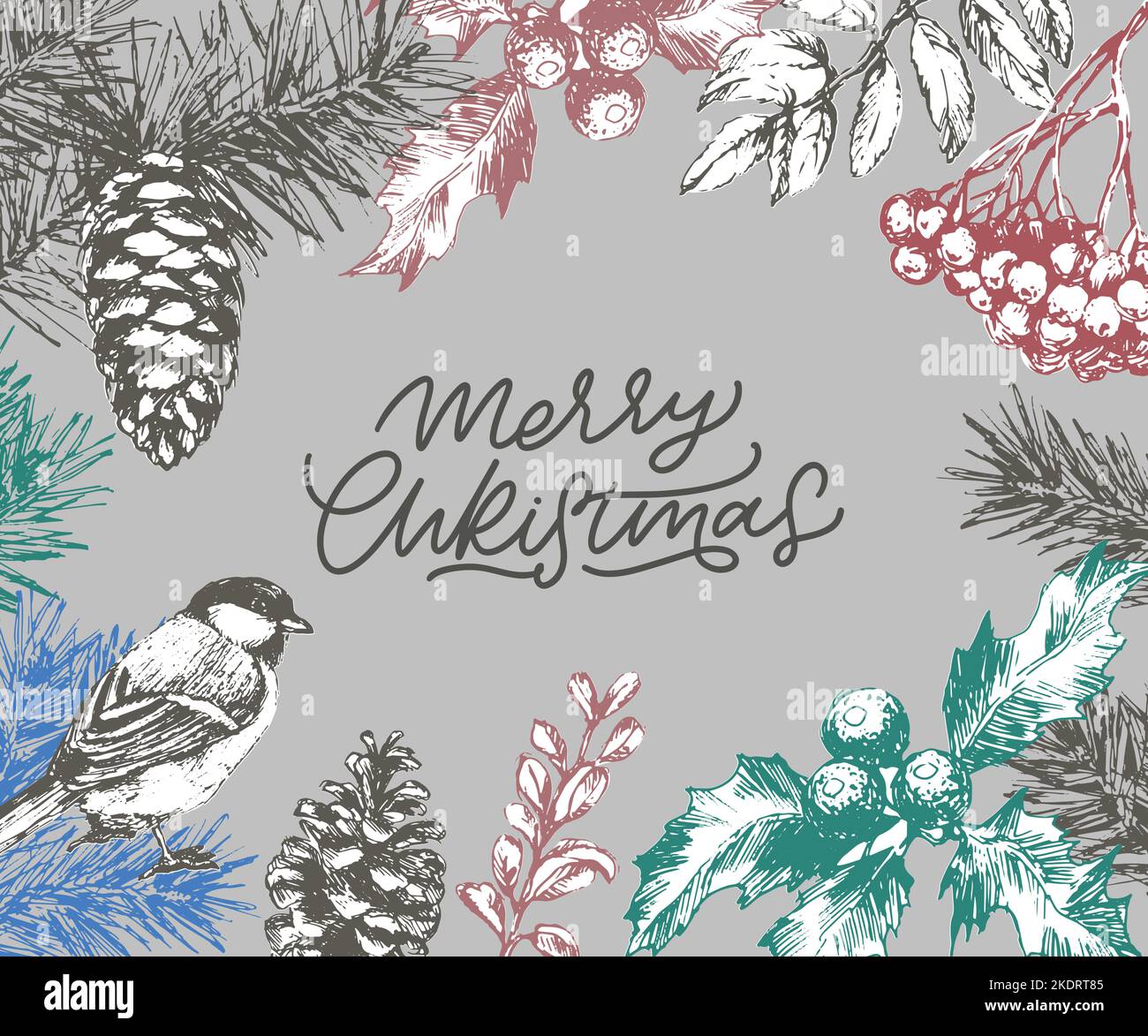 Merry Christmas and Happy New Year Abstract Botanical Card with Square ...