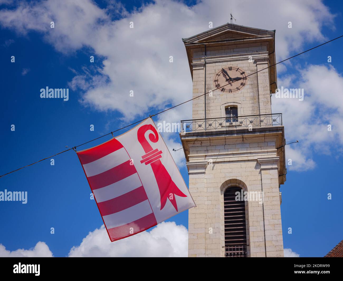 DELEMONT SWITZERLAND, JULY 5, 2022: view of the Eglise St-Marcel clock ...