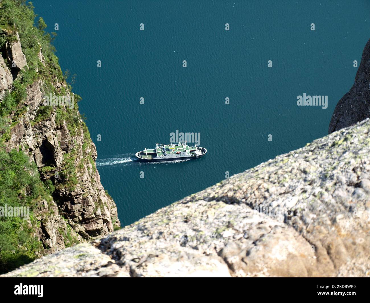 Birds eye view of a ferry boat on the Lysefjord near the Preikestolen ...