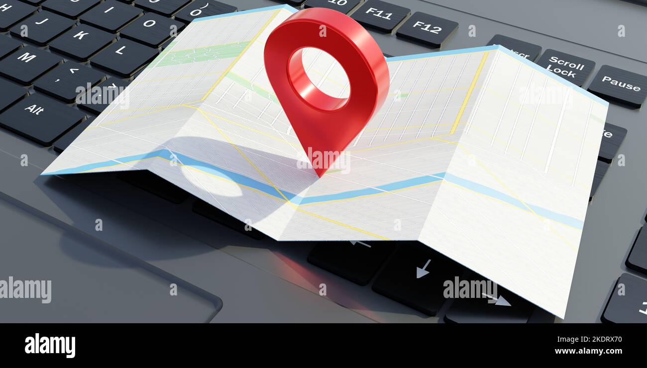 Gps Navigation Pointer On A City Map Laptop Computer Background Red