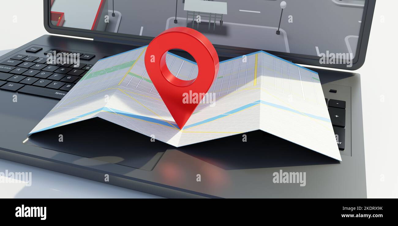Navigation application. Map on a computer laptop. Red pin icon on address. 3d render Stock Photo ...