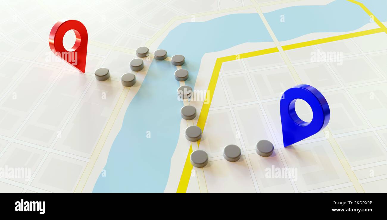 GPS navigation, starting point and destination, route. Red and blue ...