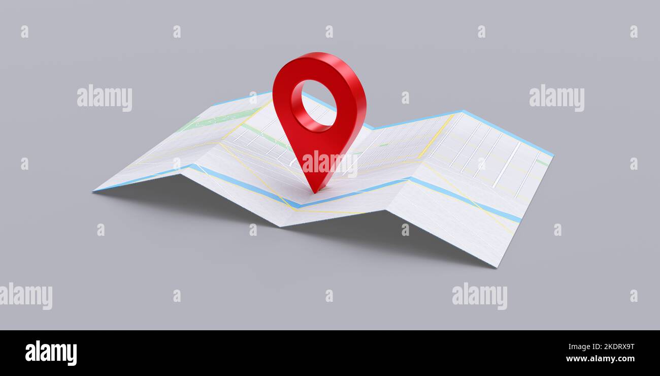 Gps Navigation Pointer On A Paper Map Grey Background Red Location