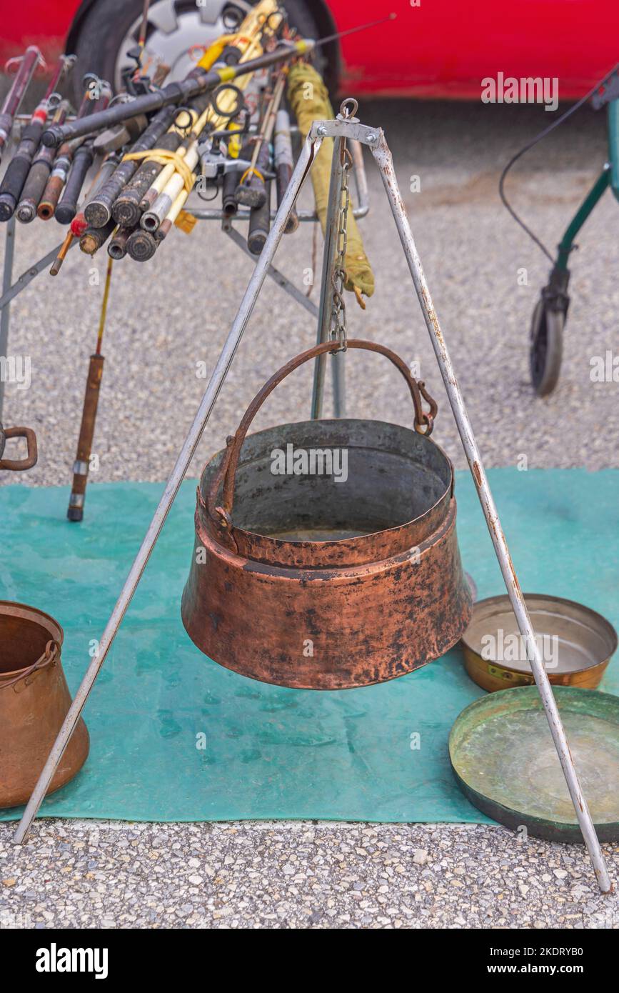 Copper Metal Cauldron Pot With Handle Hanging From Tripod Stock Photo ...