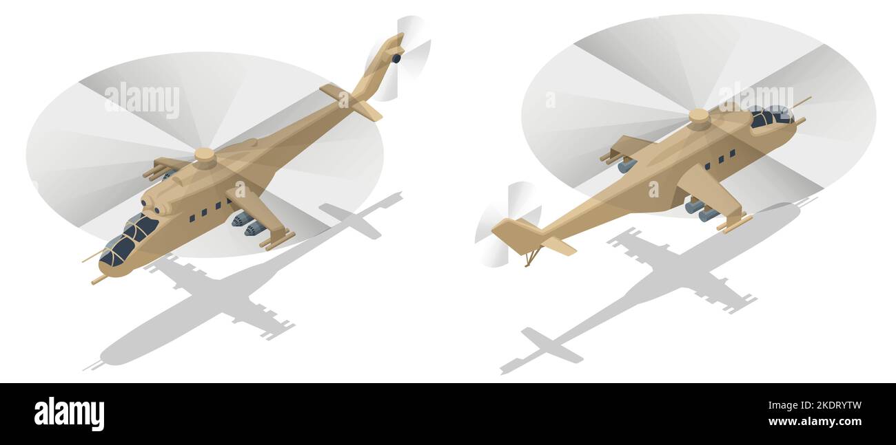 Isometric Mil Mi-24 large helicopter gunship, attack helicopter and low ...