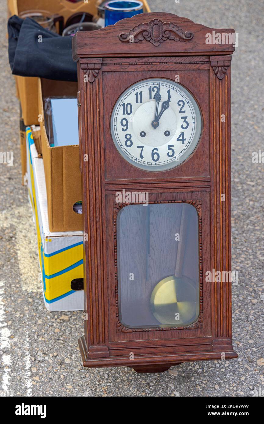 Old Wooden Grandfather Wall Clock With Pendulum at Flea Market Stock ...