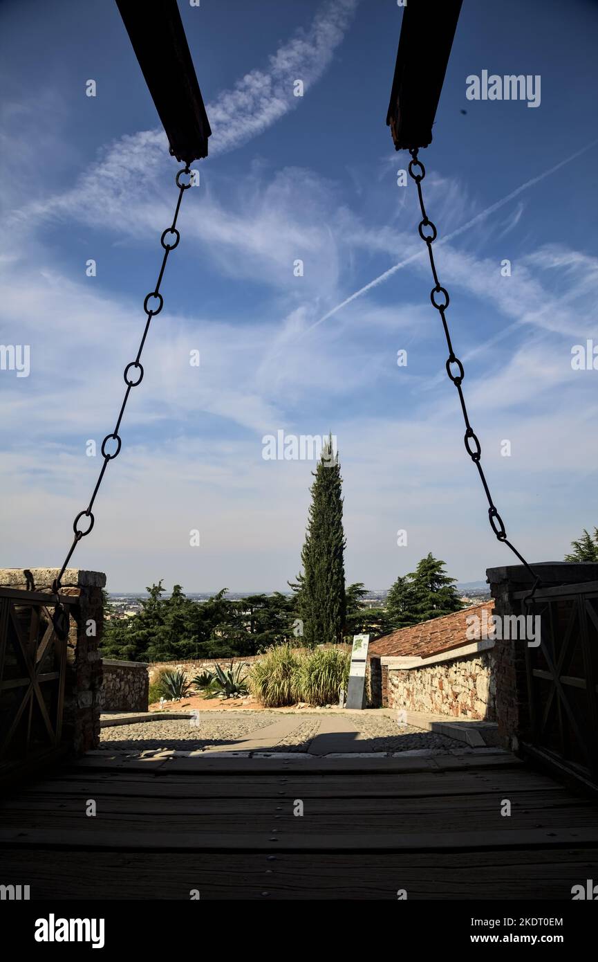 Gate of a castle with its drawbridge lowered Stock Photo - Alamy