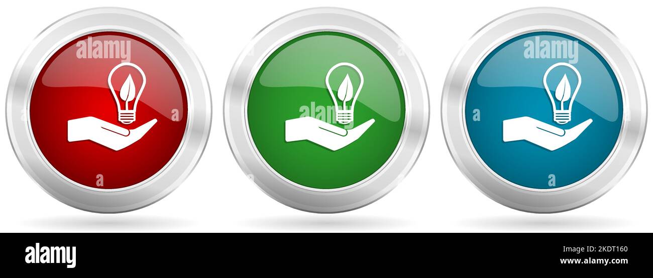 Light, idea, bulb vector icon set. Red, blue and green silver metallic ...