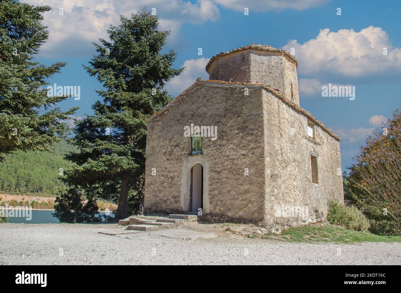 Small stone chapel of St. Fanourios on lake Doxal in Ancient Feneos of ...