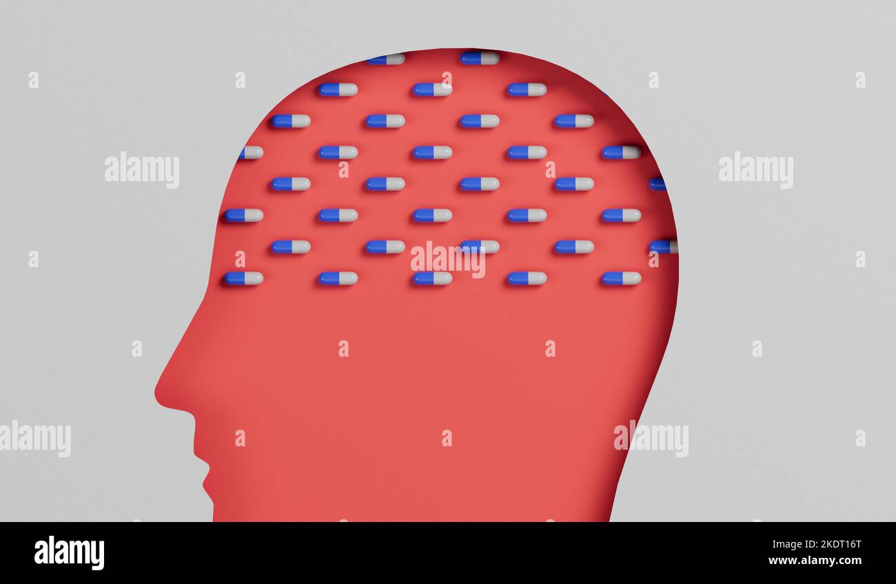 Mental health prescription drugs. Head with drug capsule ...