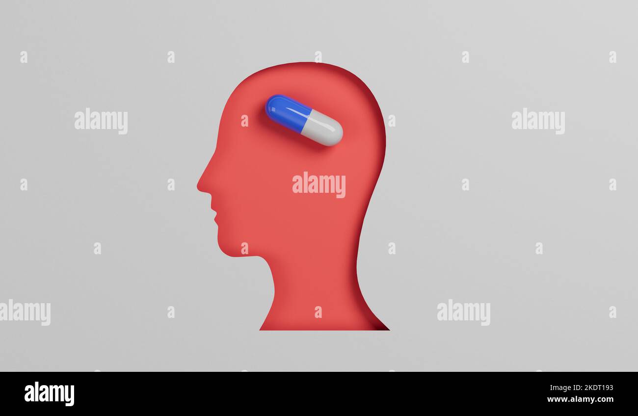 Mental health prescription drugs. Head with drug capsule ...
