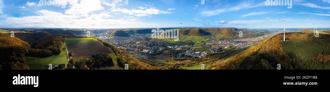 Aerial view of Geislingen in front of mountain landscape of Swabian Alb ...