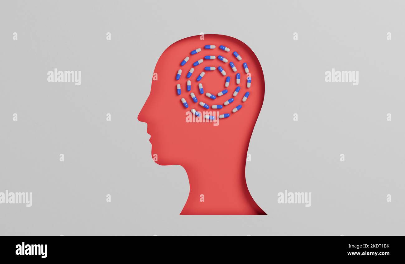 Mental health prescription drugs. Head with drug capsule ...