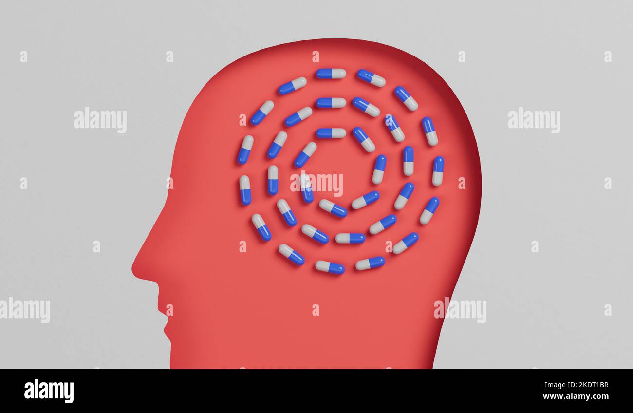 Mental health prescription drugs. Head with drug capsule ...