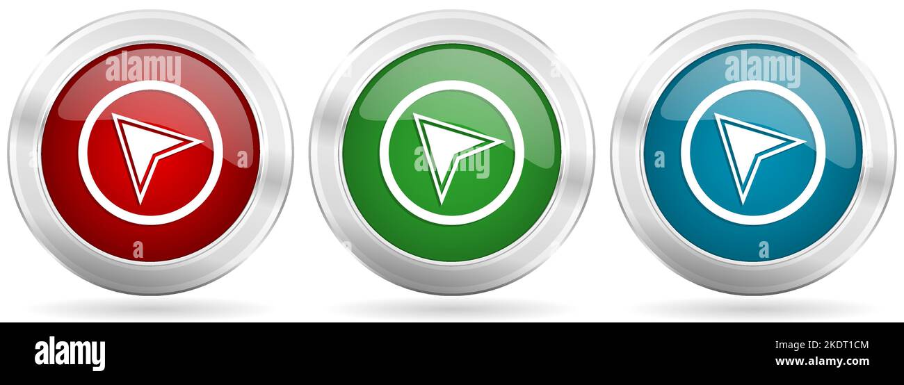 Navigation vector icon set. Red, blue and green silver metallic web ...
