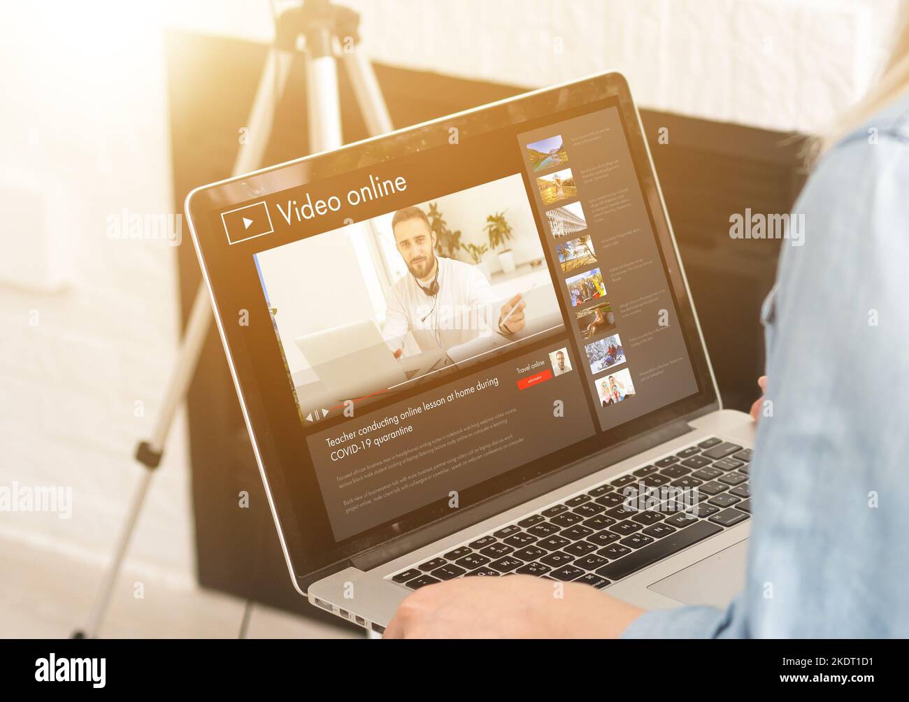 School teen girl student wears headphones distance learning with online ...