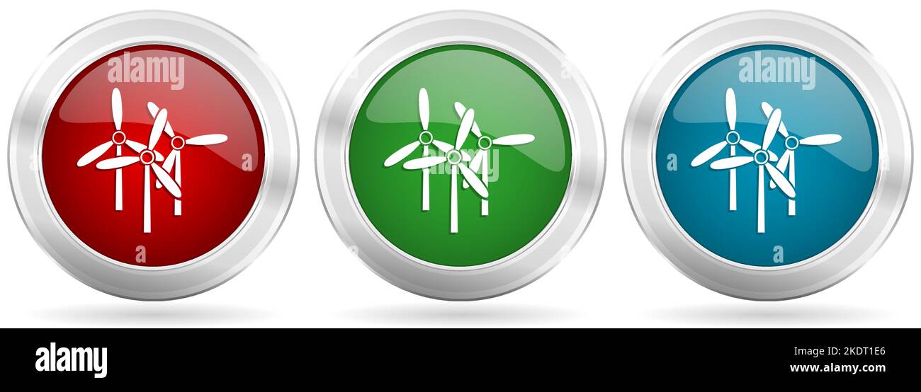 Windmill vector icon set. Red, blue and green silver metallic web ...