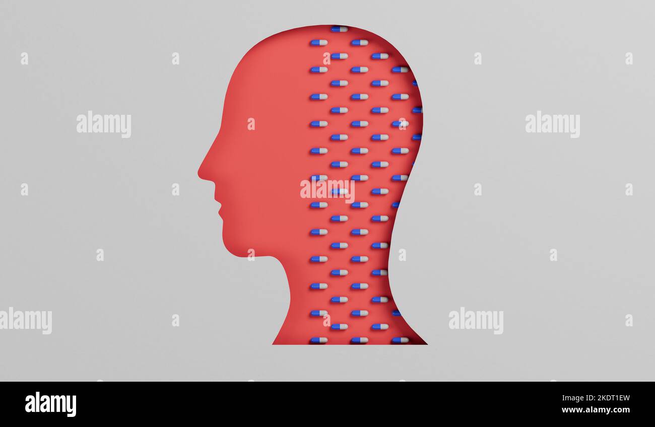 Mental health prescription drugs. Head with drug capsule ...