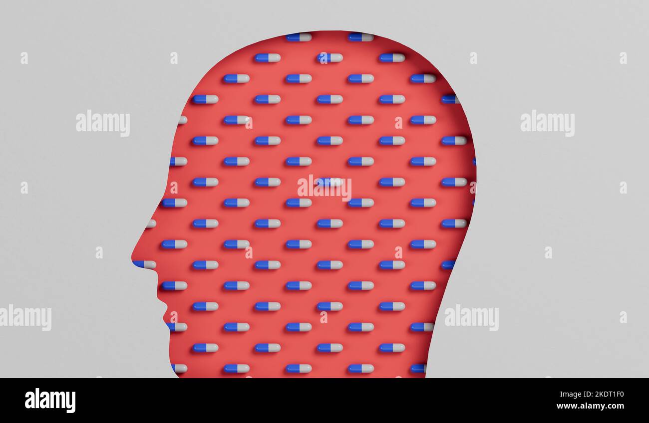 Mental health prescription drugs. Head with drug capsule ...