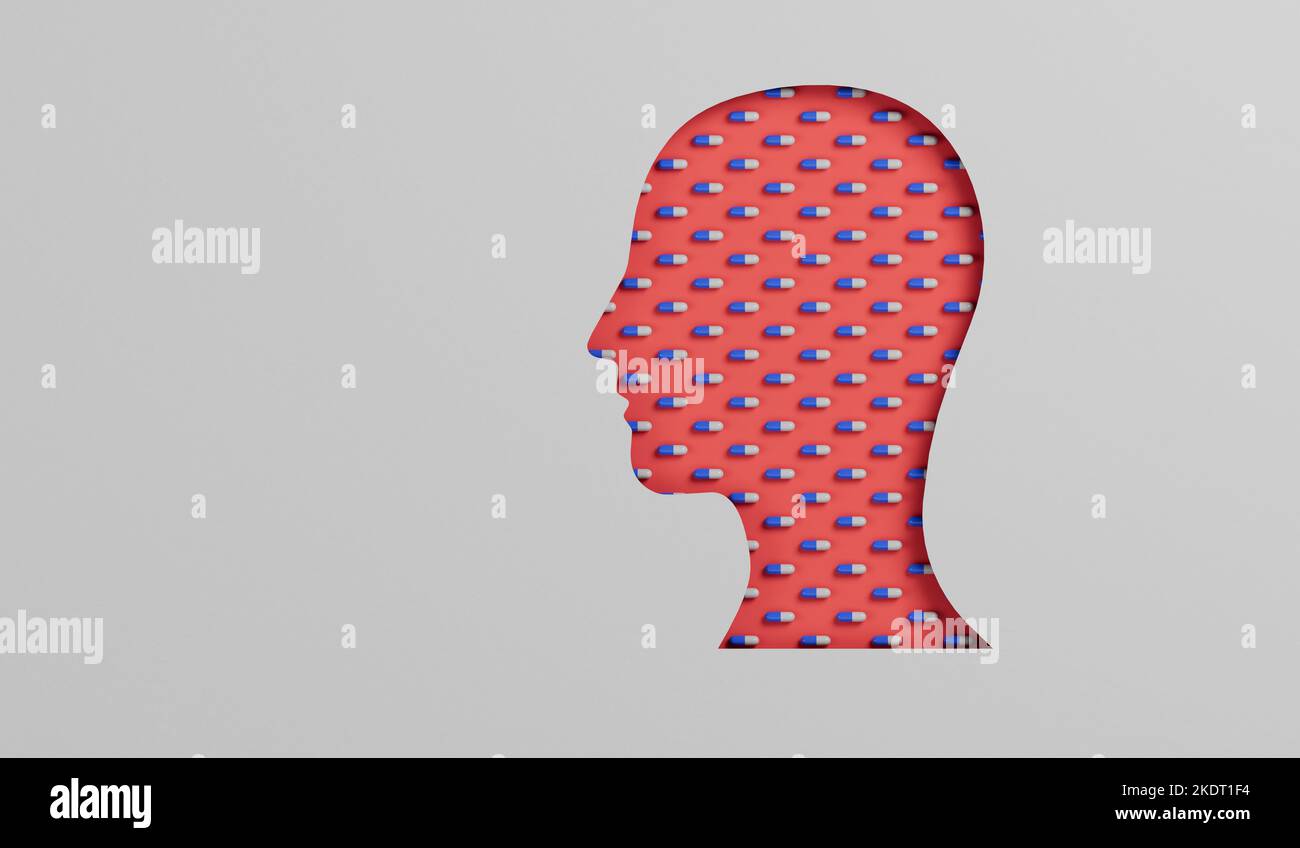 Mental health prescription drugs. Head with drug capsule ...