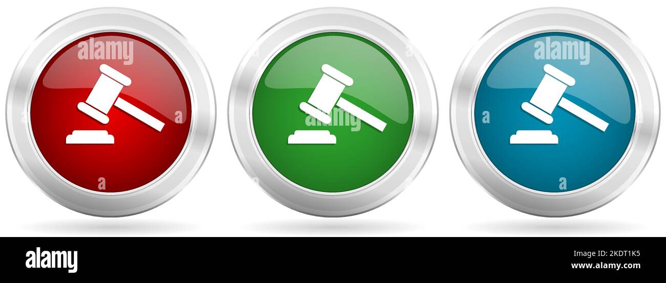 Auction vector icon set. Red, blue and green silver metallic web ...