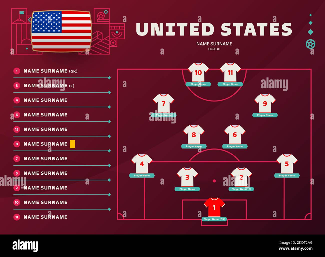 usa line-up world Football 2022 tournament final stage vector ...