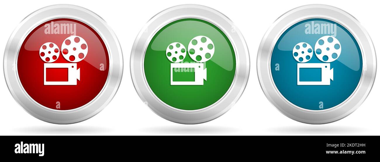 Video, cinema vector icon set. Red, blue and green silver metallic web ...