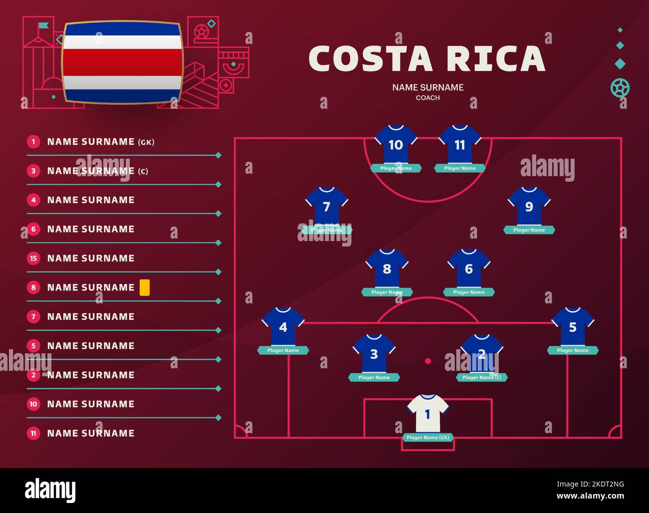costa rica line-up world Football 2022 tournament final stage vector ...