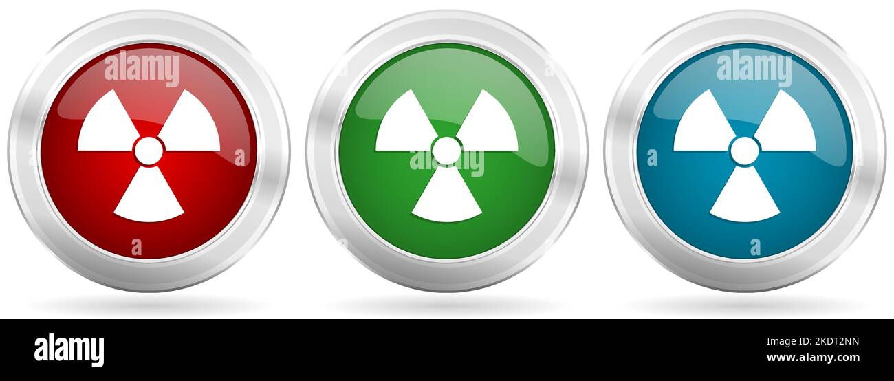 Radiation vector icon set. Red, blue and green silver metallic web ...
