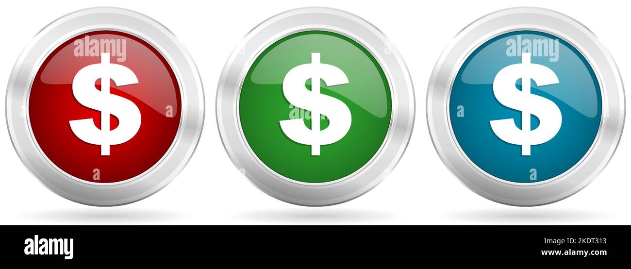 Dollar vector icon set. Red, blue and green silver metallic web buttons ...