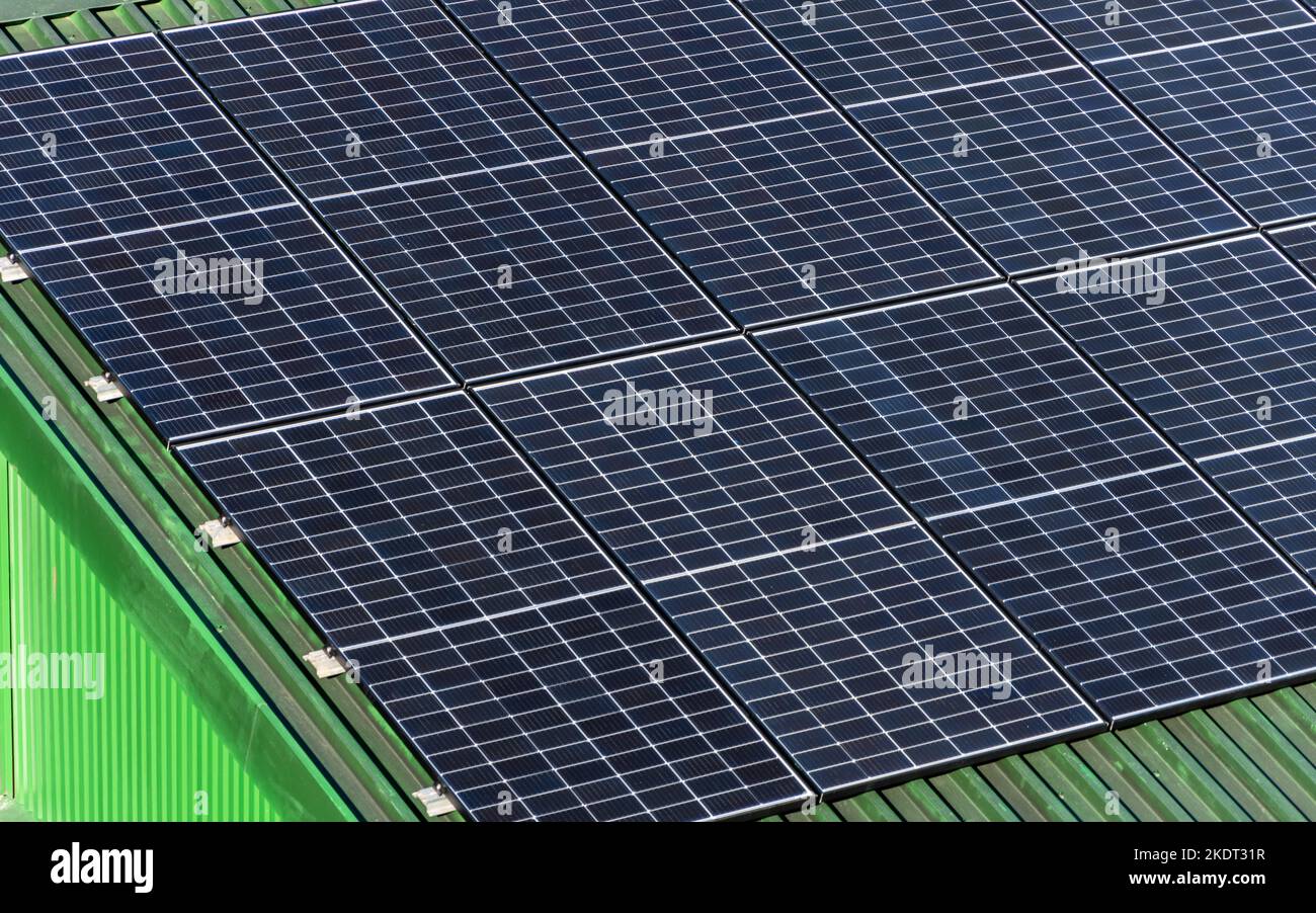 Solar panels mounted on a green roof. Clean energy Stock Photo - Alamy