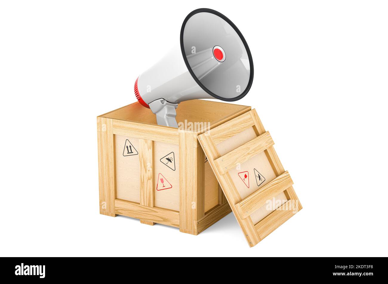 Megaphone inside wooden box, delivery concept. 3D rendering isolated on ...
