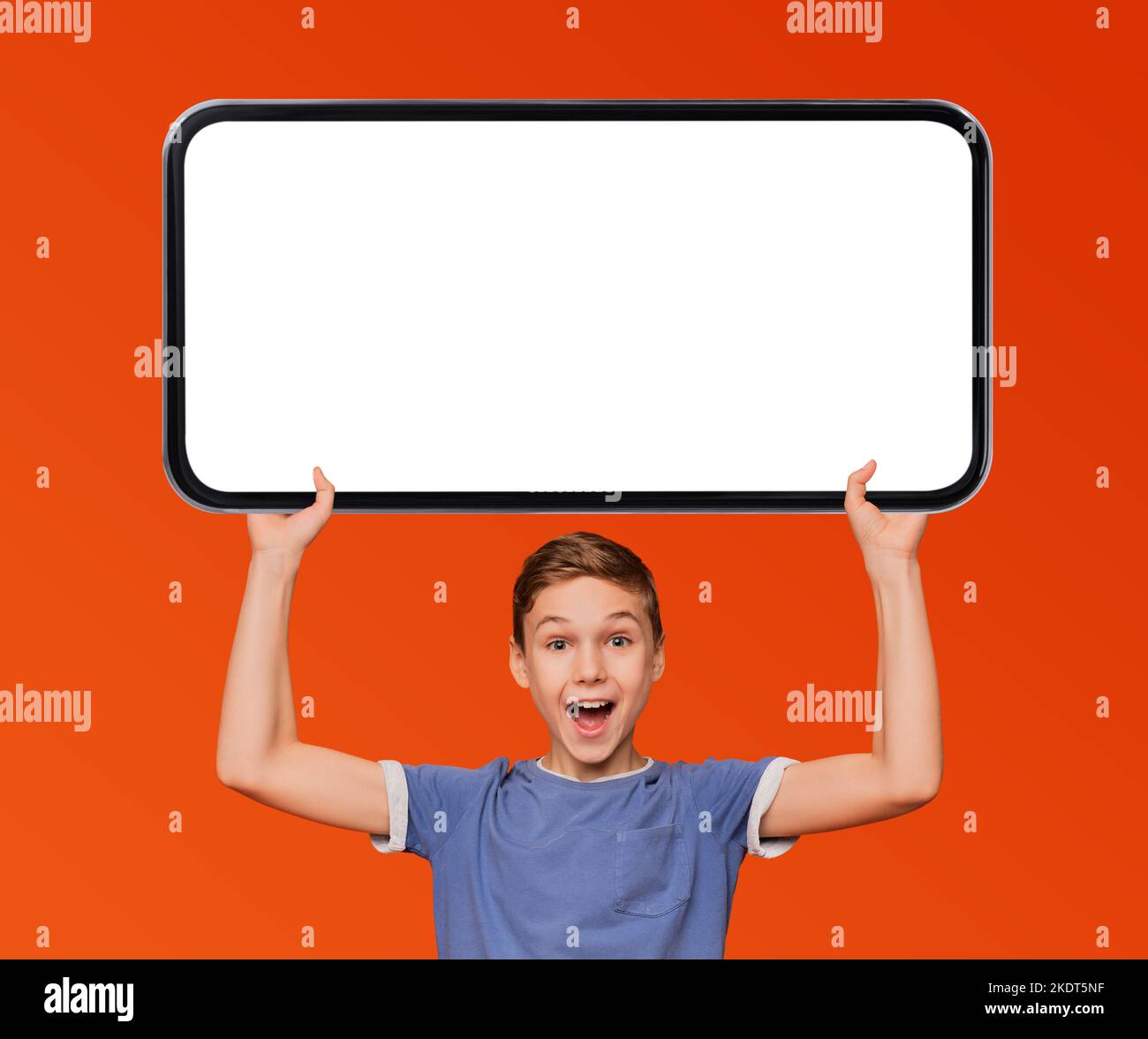 Great Offer. Surprised Preteen Boy Holding Big Blank Smartphone Above ...