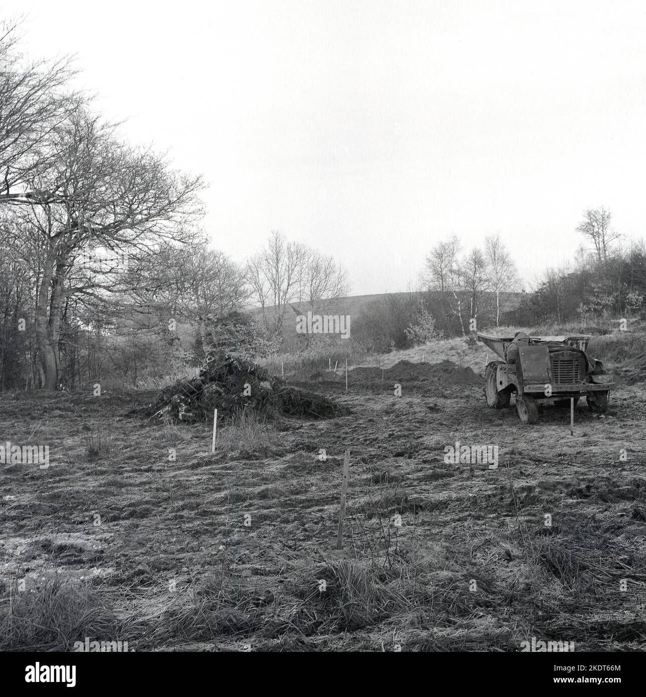 1960s, historical, rural land being cleared, posts marking area ...