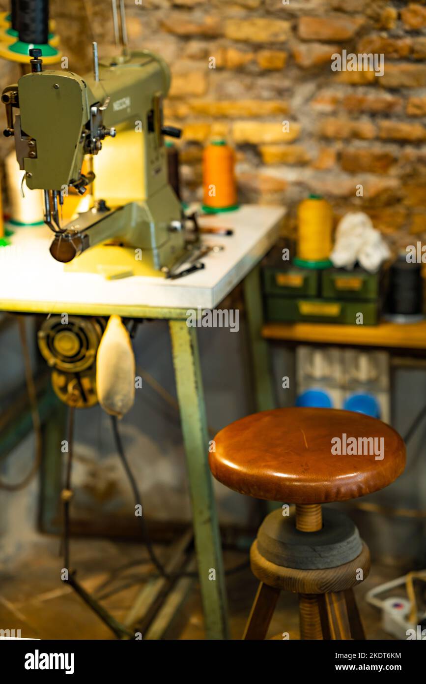 Interior of leather work shop in Rome Stock Photo - Alamy
