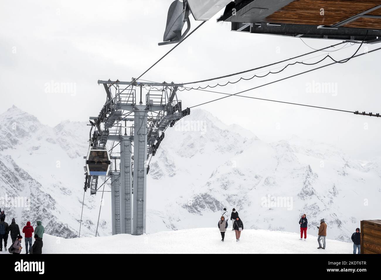 Mountain landscape with pylons and cabins of a high-mountain cable car ...