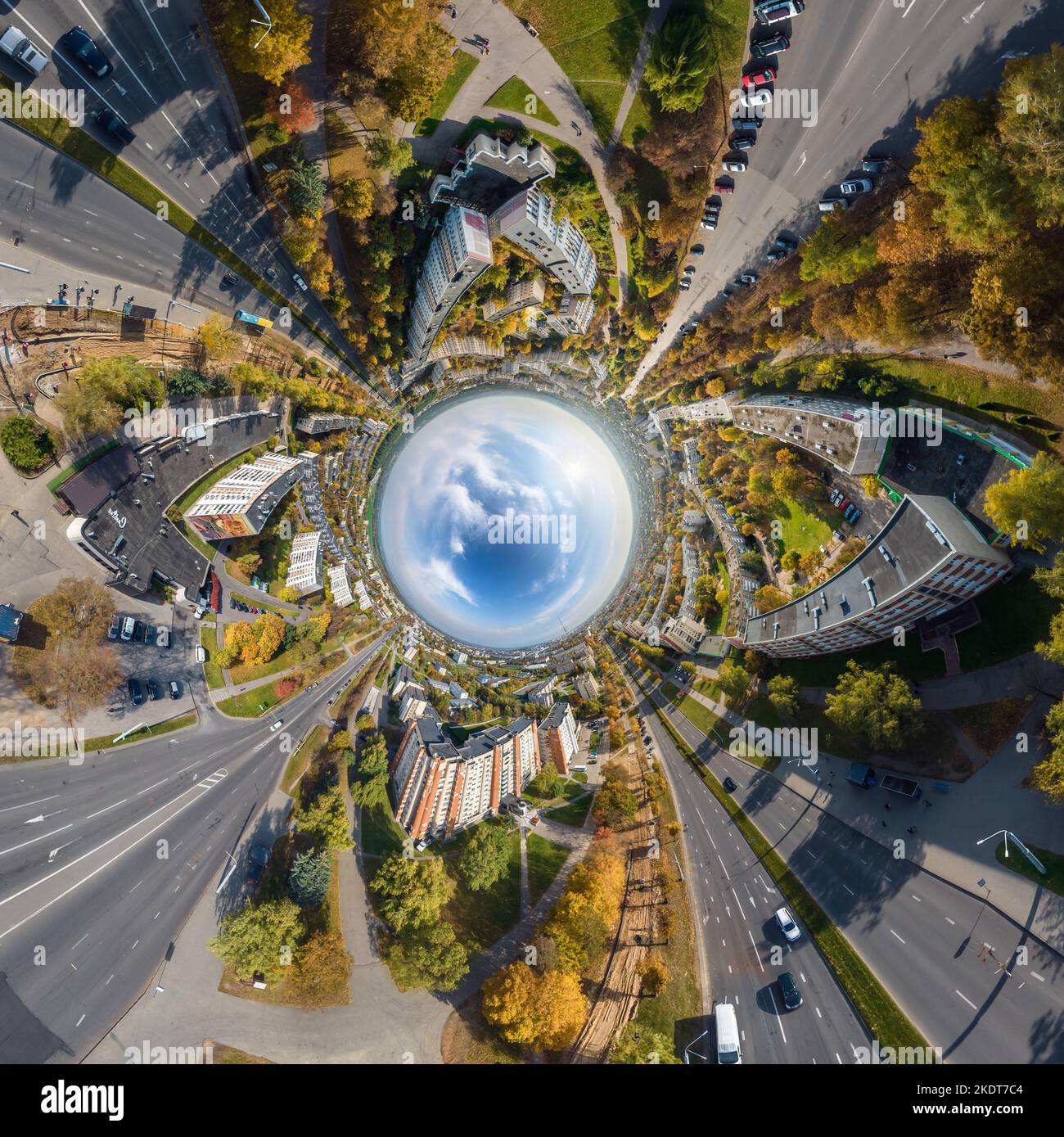 blue sphere inside overlooking old town, urban development, historic ...